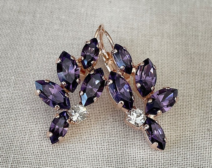 Purple Earrings, Cardinal Purple, Crystal Leaf Earrings, Marquise Drop ...