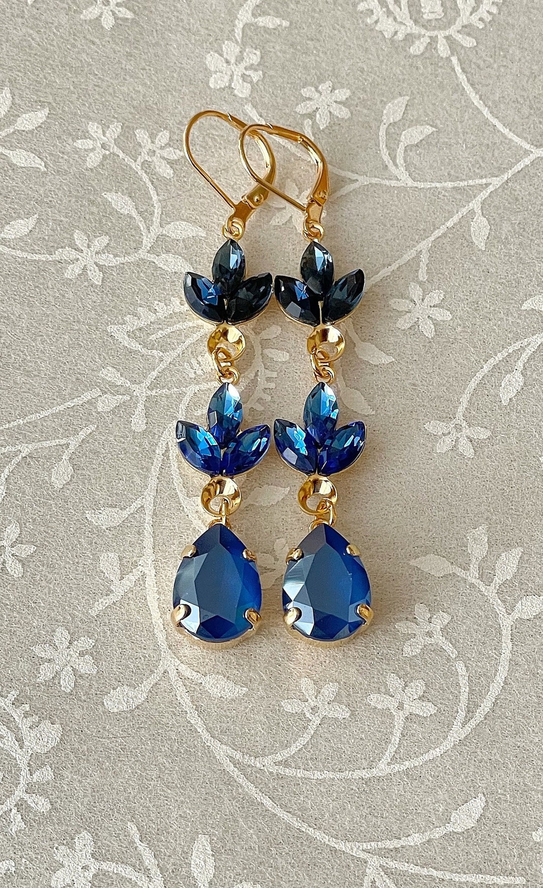 Royal Navy Blue Ombré Long Crystal Earrings, Leaf and Teardrop Earrings, Chandelier, Bridal ...