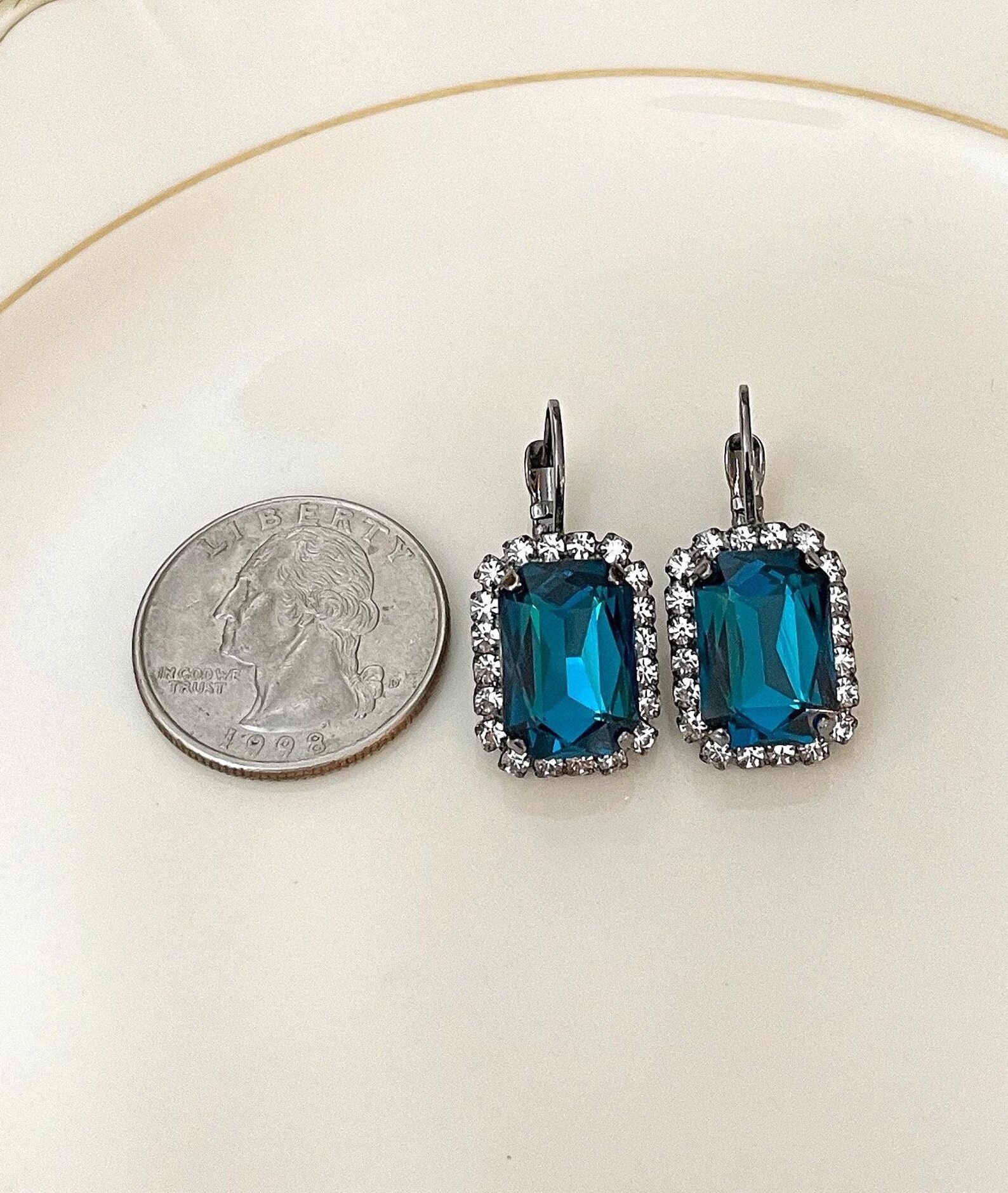 Rich Teal Blue Halo Earrings, Something Blue Bridal Earrings, Wedding ...
