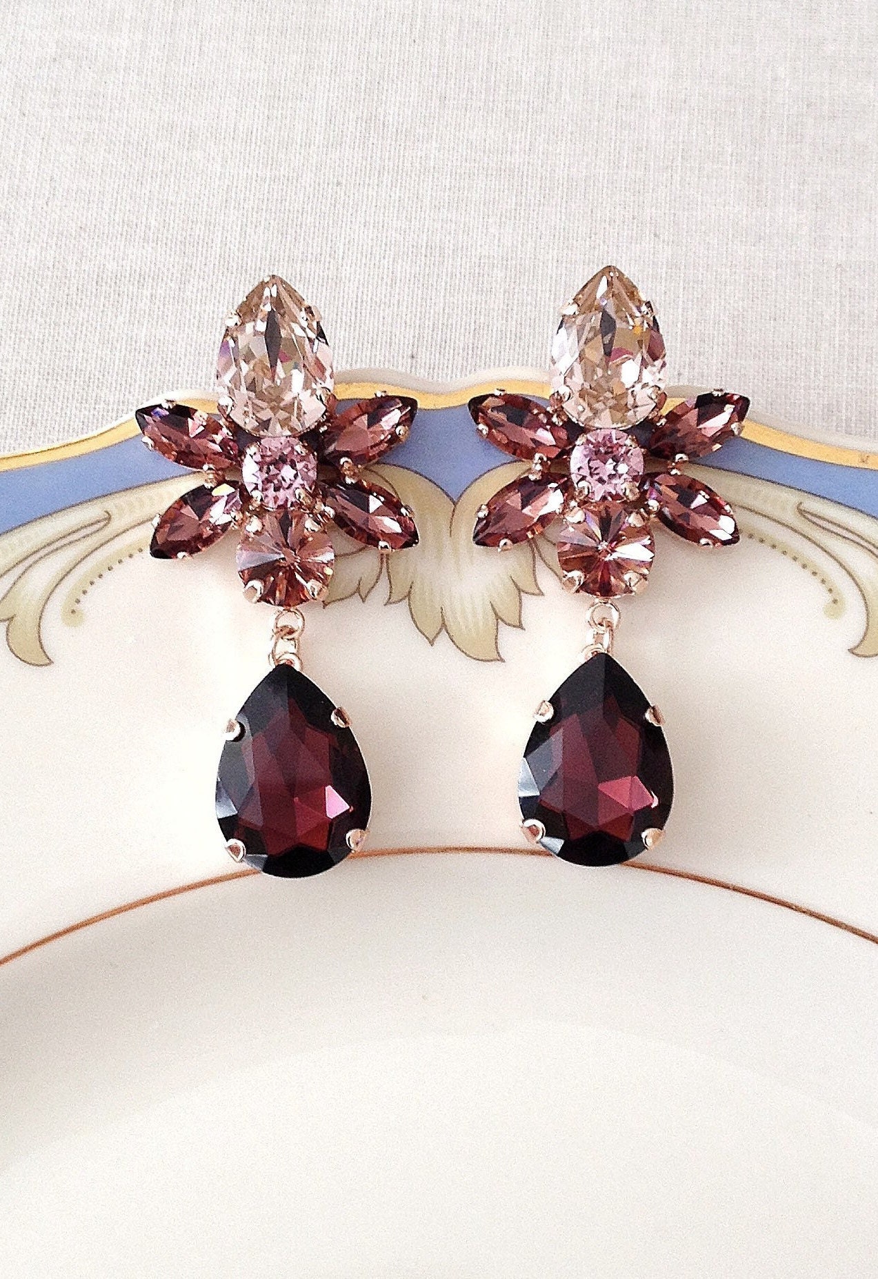 Statement Earrings Burgundy Ombre Rose Gold Crystal Earrings Long Earrings Bridal Earrings Bridesmaid Gift Wine Morganite Etsy Hong Kong