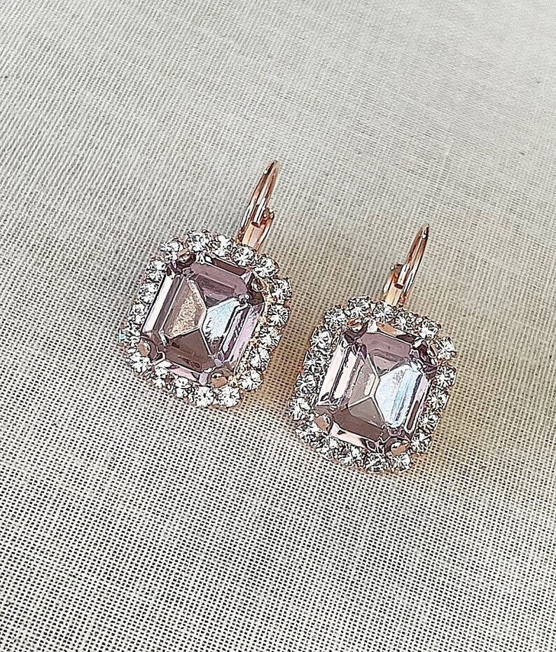 Light Mauve Emerald Cut Crystal Halo Earrings Wedding - Etsy