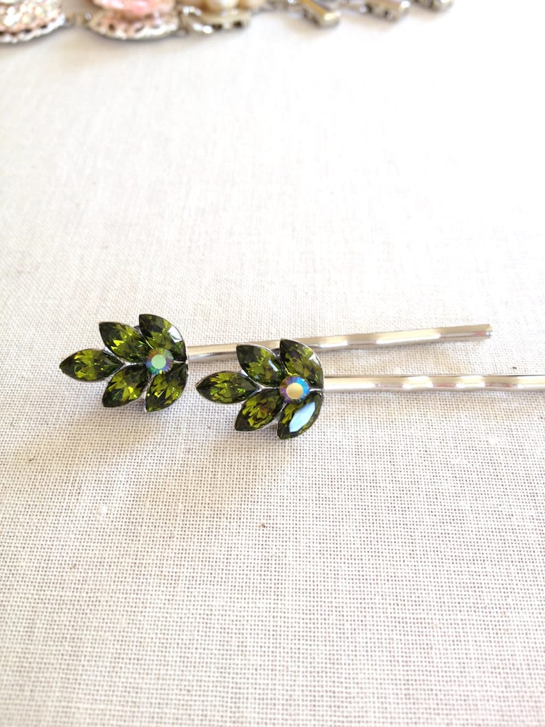 Olive Green Rhinestone Leaf Bobby Pins Pair Leaf Leaves - Etsy