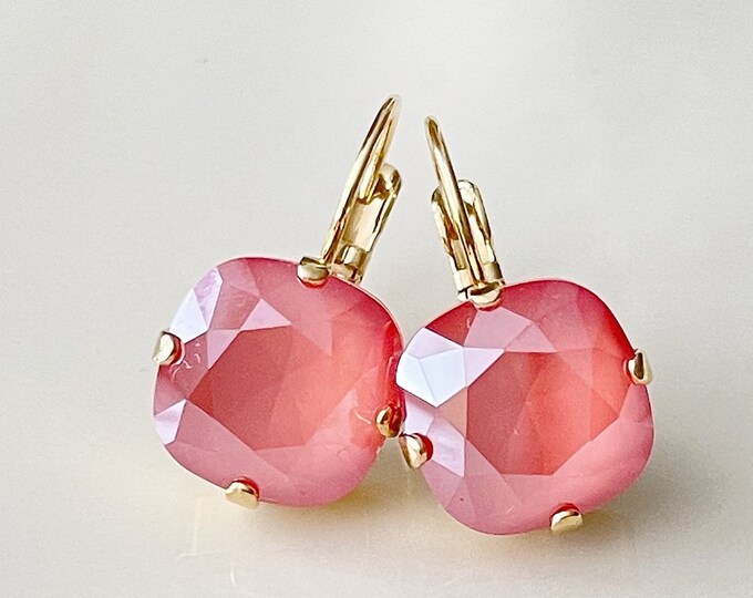 12mm Light Coral Cushion Cut Crystal Earrings, Orange Bridal Earrings ...