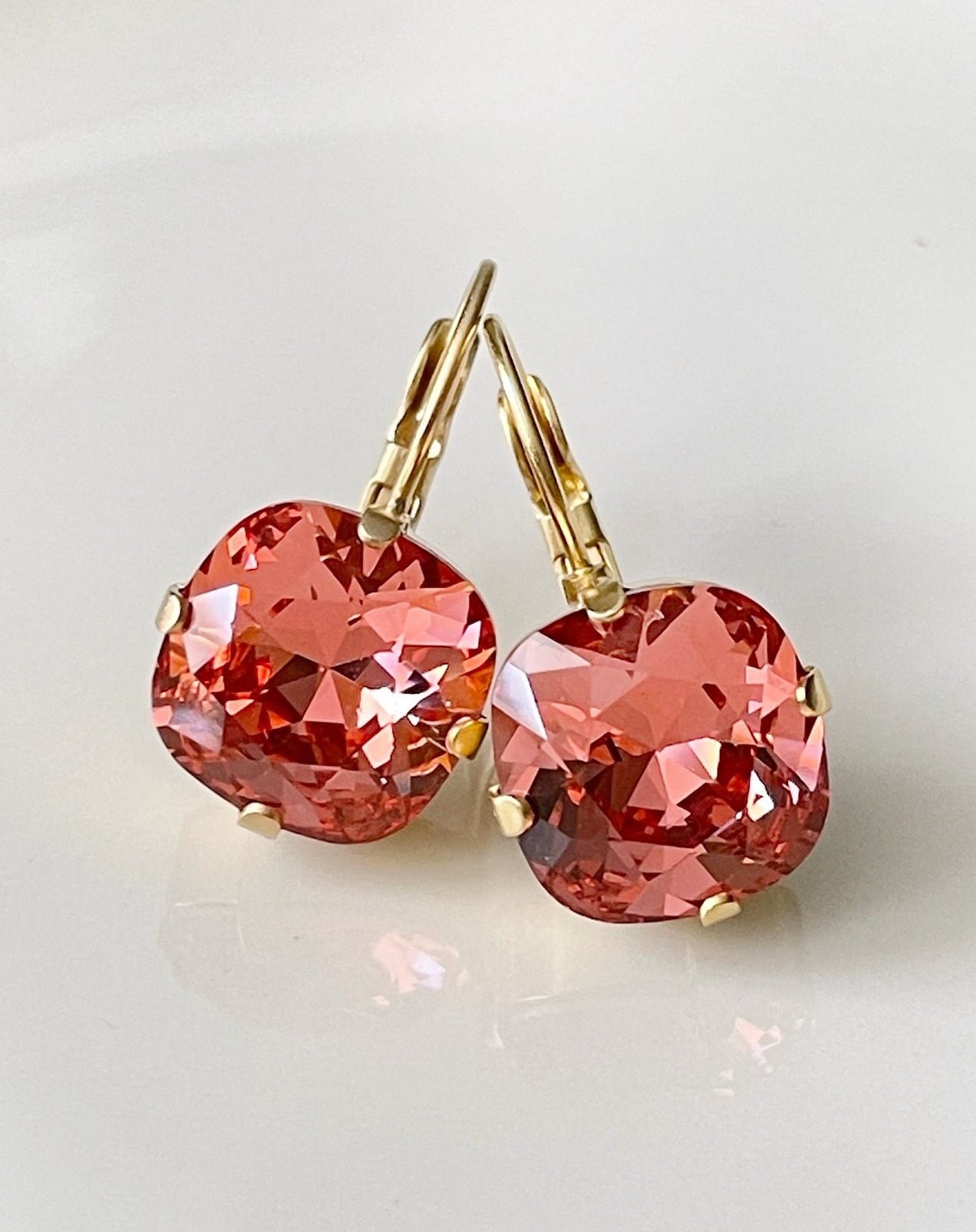 ChicMaddies Coral Cushion Cut Crystal Earrings Swarovski Crystal Rounded Square Orange Coral Gold Leverback Lever Back Rhinestone Drop