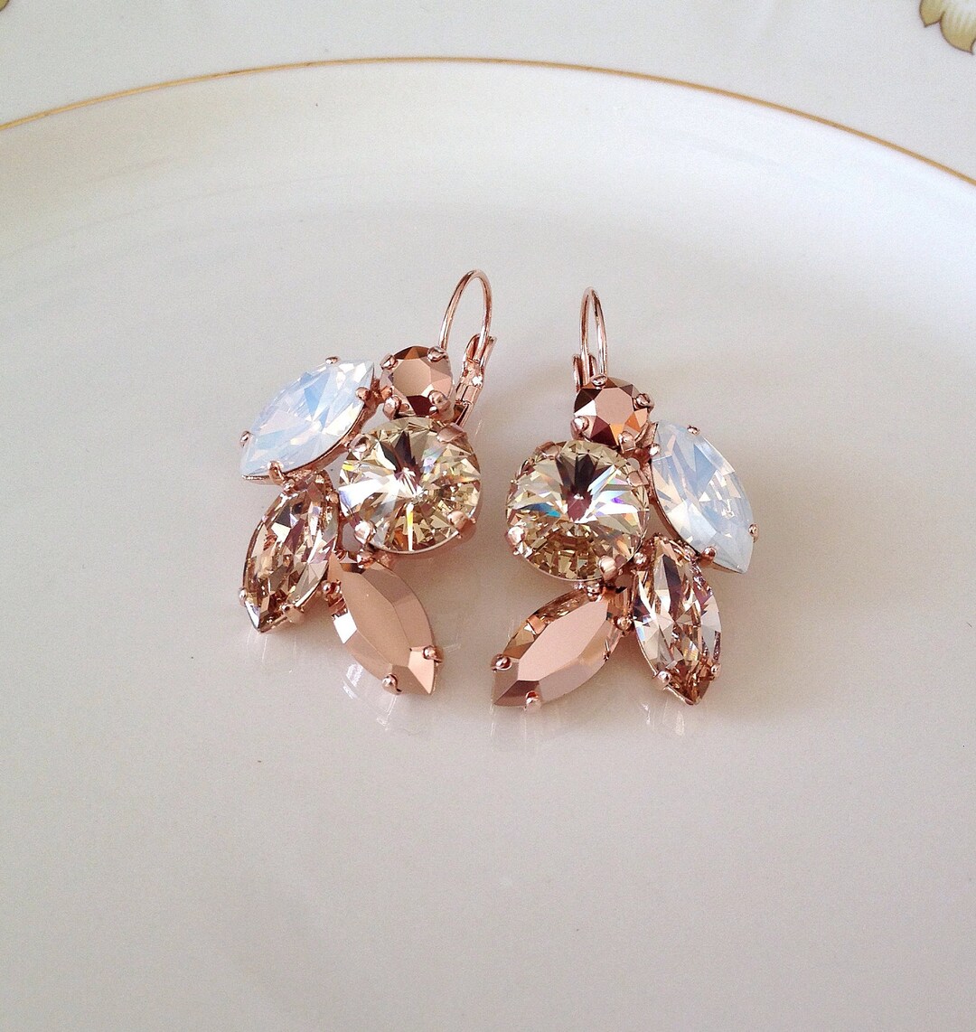 Statement Earrings, Champagne Rose Gold White Opal Earrings, Bridal ...