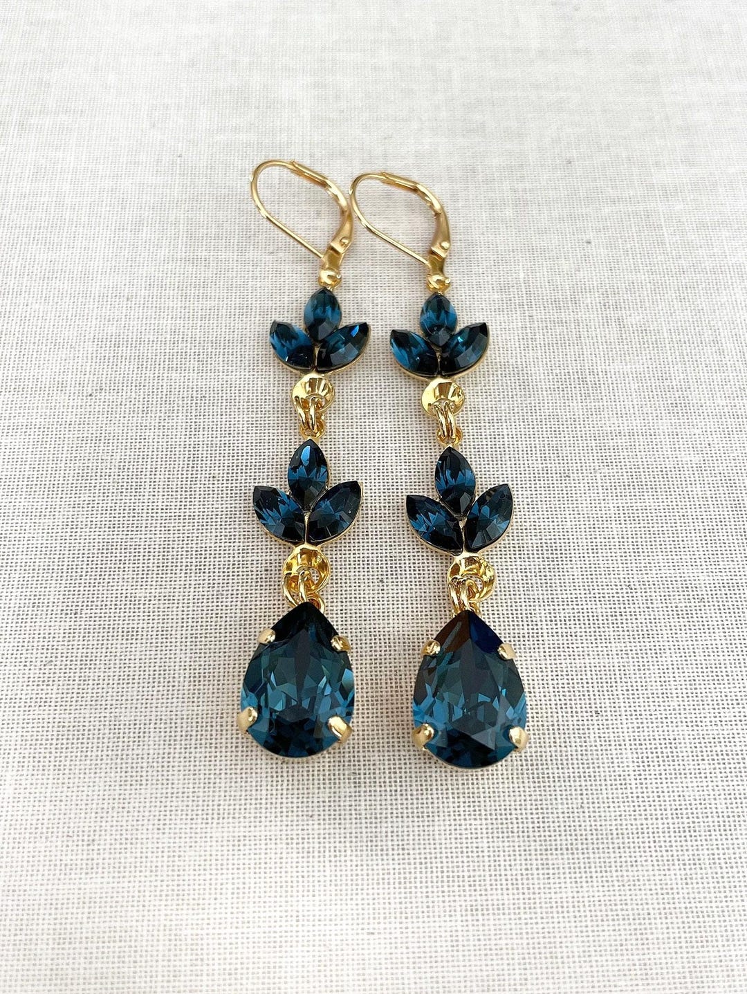 Navy Blue Long Earrings, Swarovski Crystal, Crystal Leaf Earrings, Chandelier, Pear, Teardrop ...