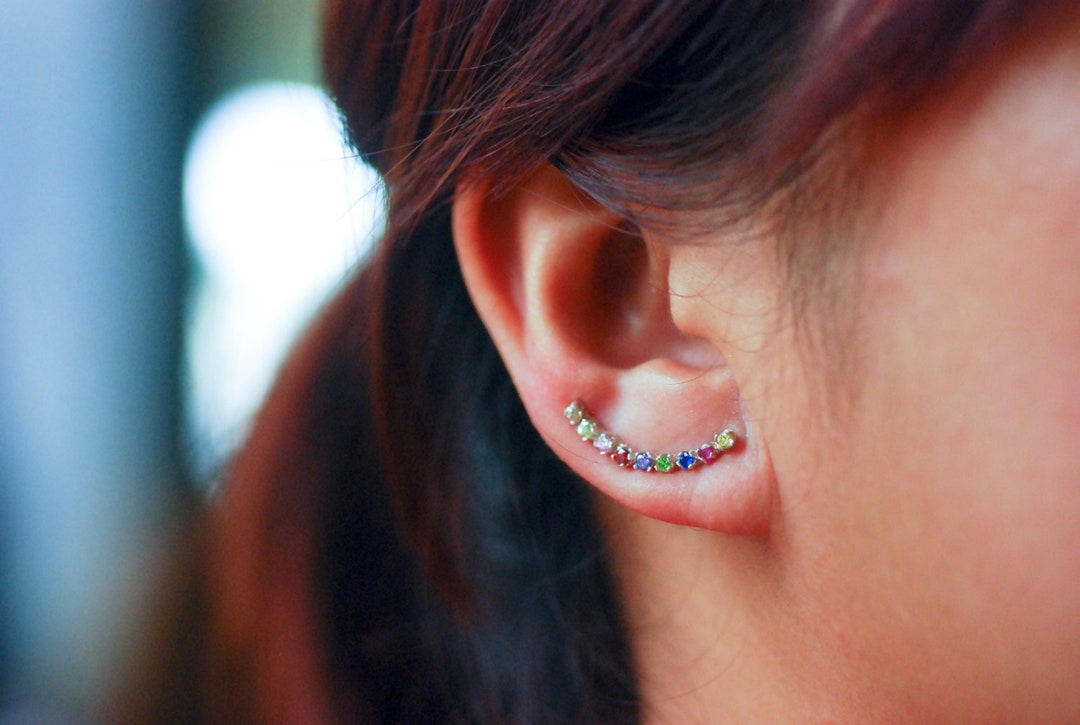 Rainbow Ear Climbers Sterling Silver | Multi Color Rainbow Earring ...
