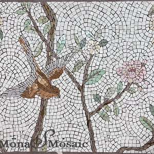 Mosaic Kitchen Backsplash With Bird Mosaic Pink and Blue Mosaic Flowers, Custom Mosaic Wall Tile ...