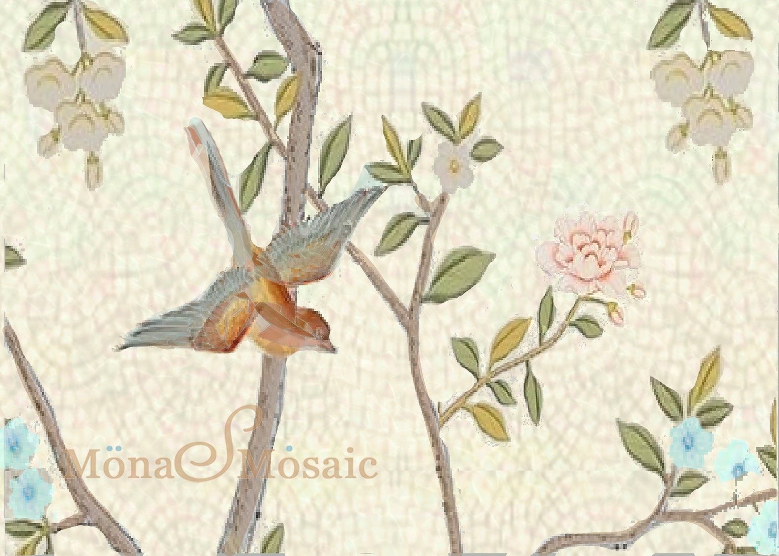 Mosaic Kitchen Backsplash With Bird Mosaic Pink and Blue Mosaic Flowers ...