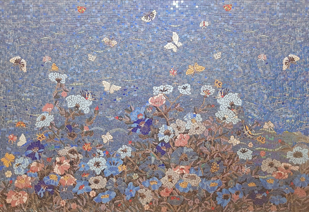 Floral Nature Mosaic, Flowers and Butterfly Mosaic, Mural Mosaic Tile ...