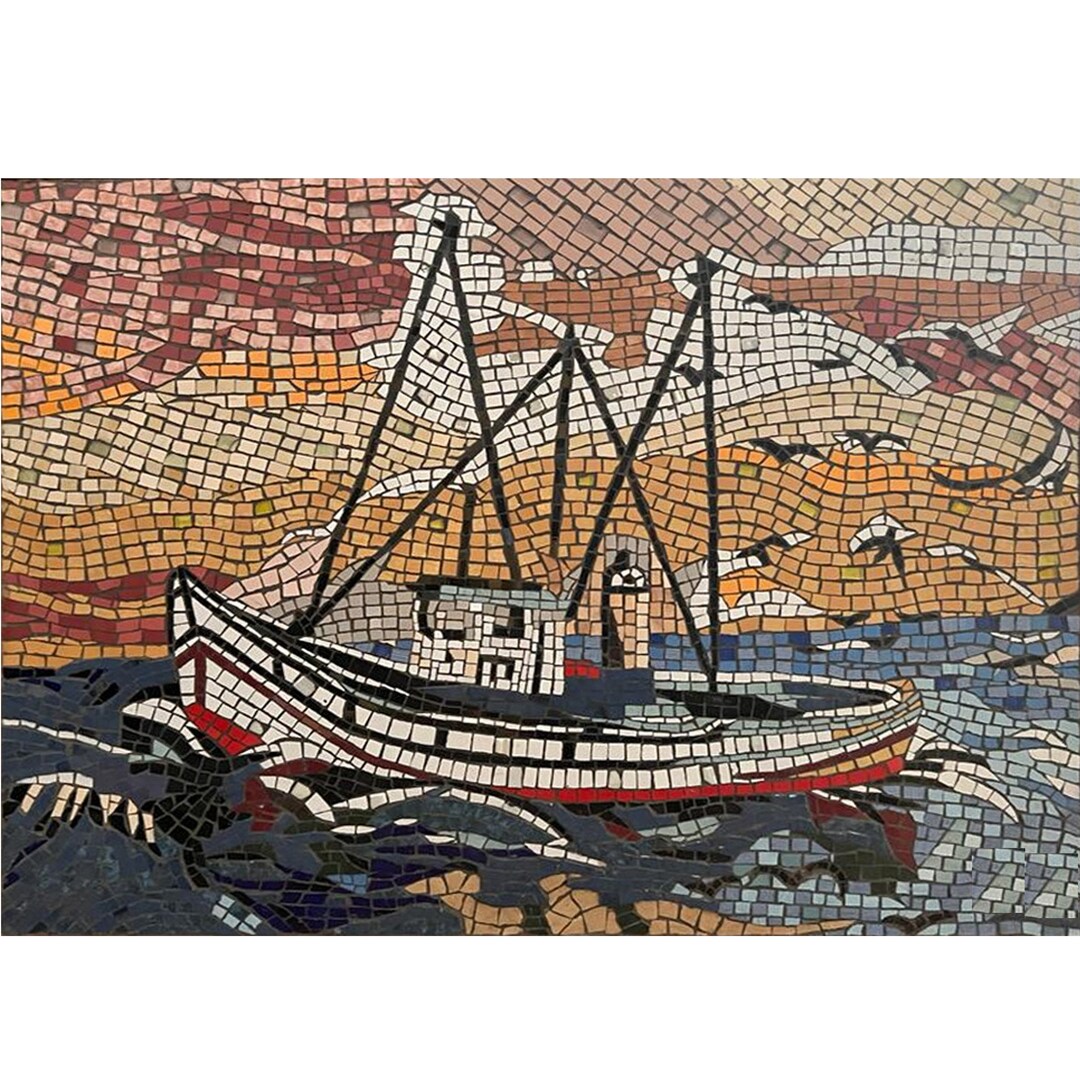 Sunset Sea Mosaic, Boat Mosaic, Sea Mosaic Backsplash, Sunset Sea ...