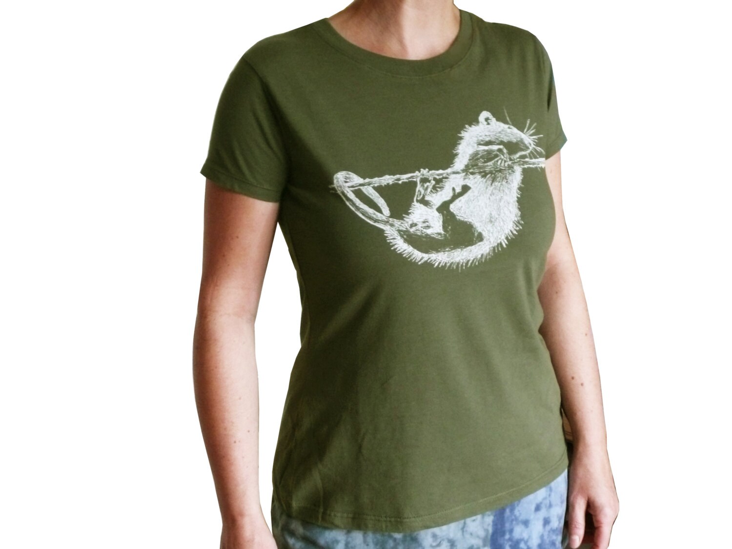Rat, Organic T-shirt for Women, Olive Green. Screen Print. M, Rat Print ...