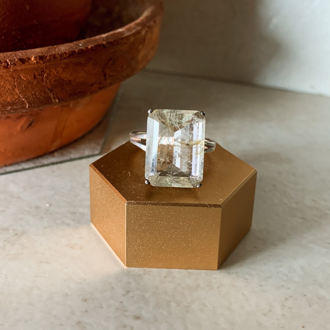 Emerald Cut Golden Rutilated Quartz Ring, .925 Sterling Silver, Size 8 ...