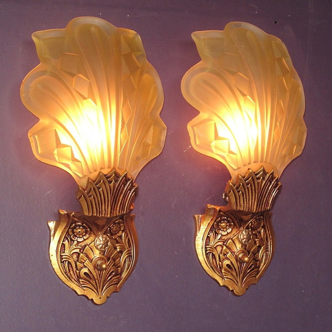 Rare Pair Vintage Art Deco Slip Shade Wall Sconces - Etsy