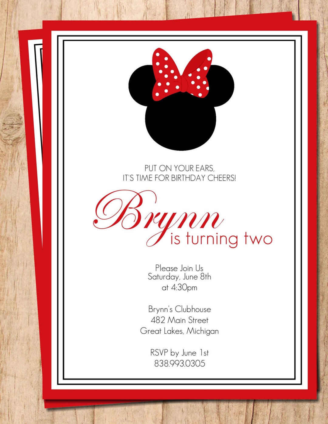 Minnie Mouse . Red and Black . Printable Birthday Invitation . Digital ...