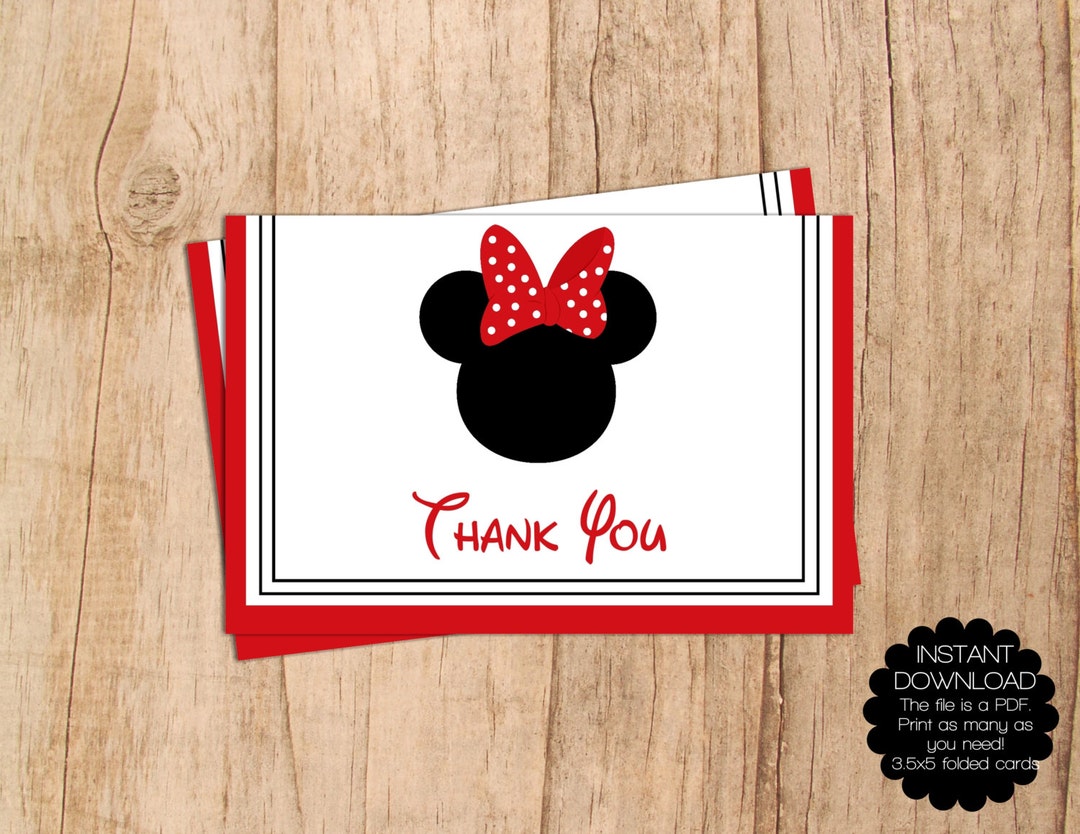INSTANT DOWNLOAD . Minnie Mouse Modern Thank Card . Red Minnie Mouse ...