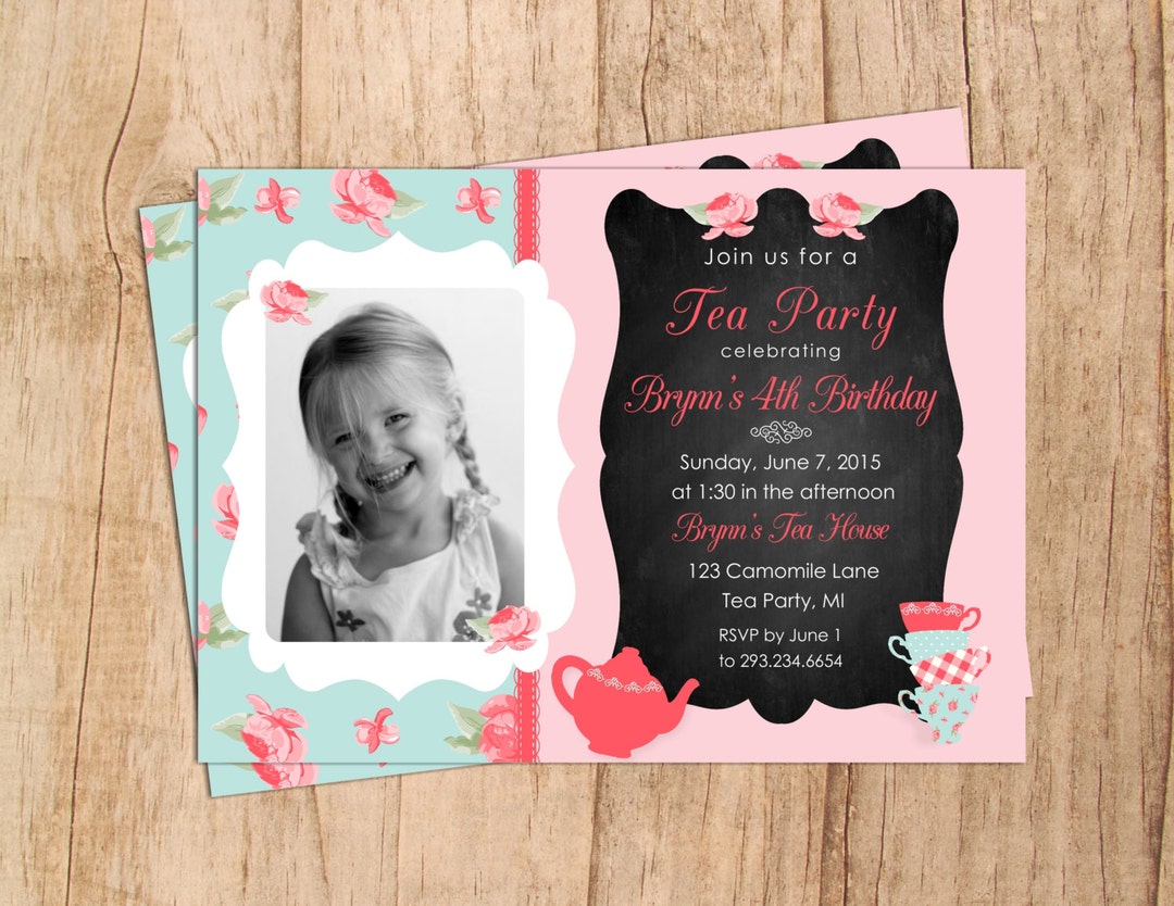 Shabby Chic Tea Party Birthday Invitation . Digital File . Tea Cups ...
