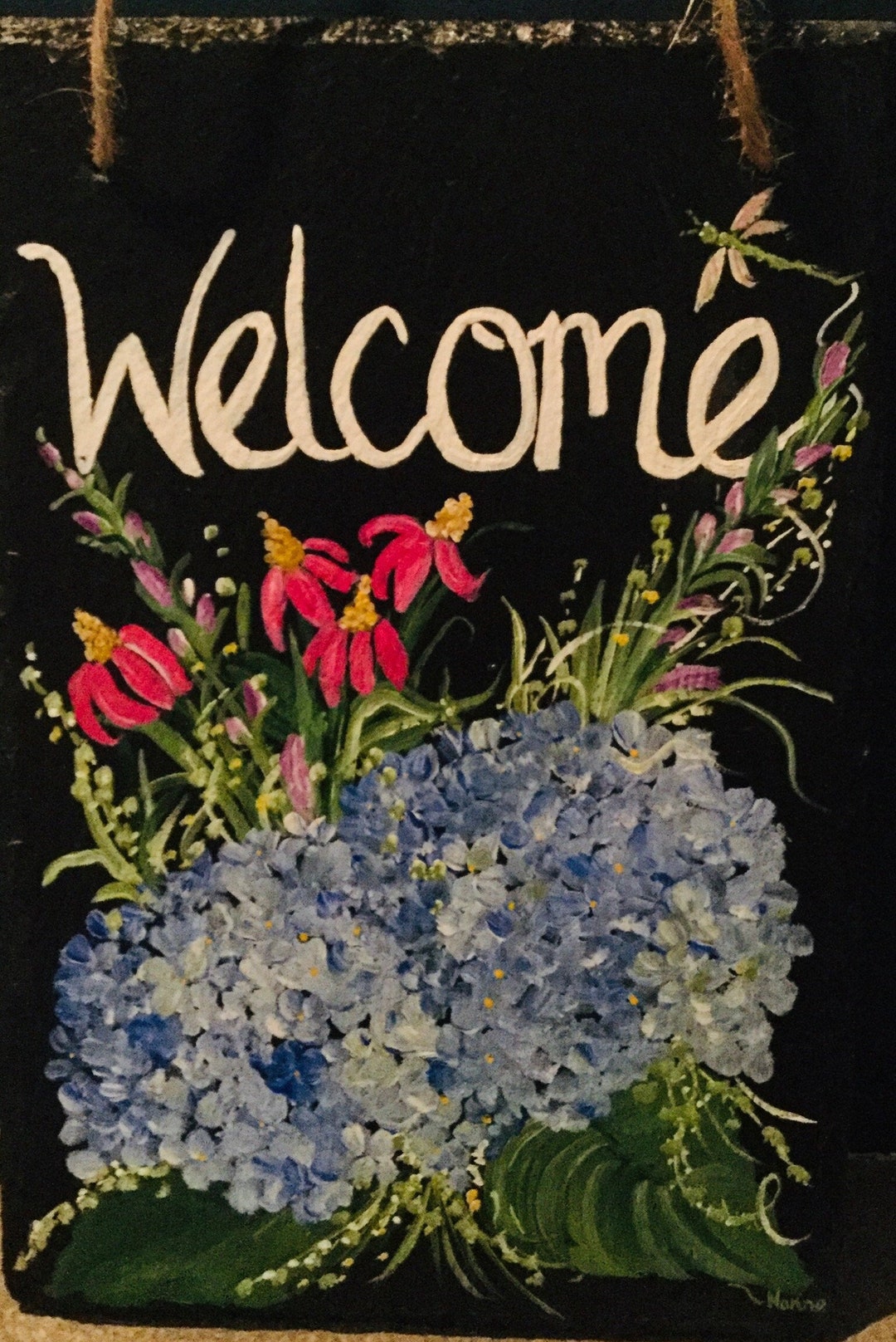 Floral Welcome Sign Painted on A Black Slate - Hydrangeas, Cone Flowers ...