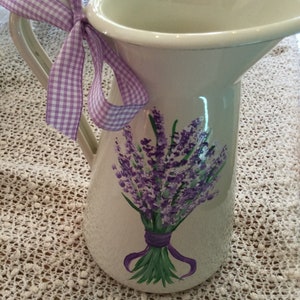 Hand Painted White Enamel Pitcher W/ Lavender Spray Pattern, 2 Sizes ...