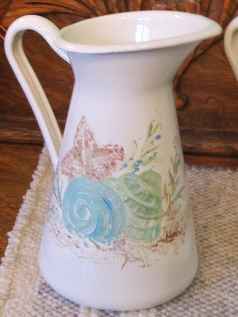 Small Enamel Pitcher W/sea Shell Pattern, Rustic,farmhouse - Etsy