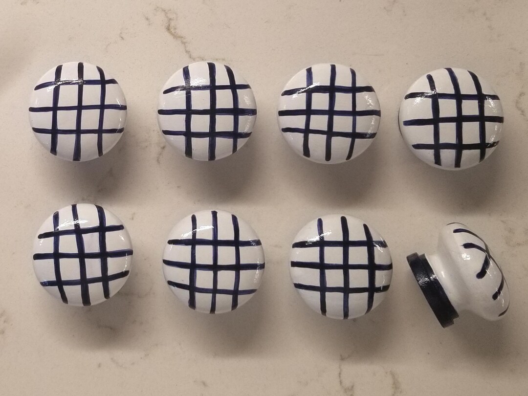 Hand Painted 1 1/4" Wooden Drawer Knobs - Hydrangea or Navy Blue Gingham Patterns Available ...