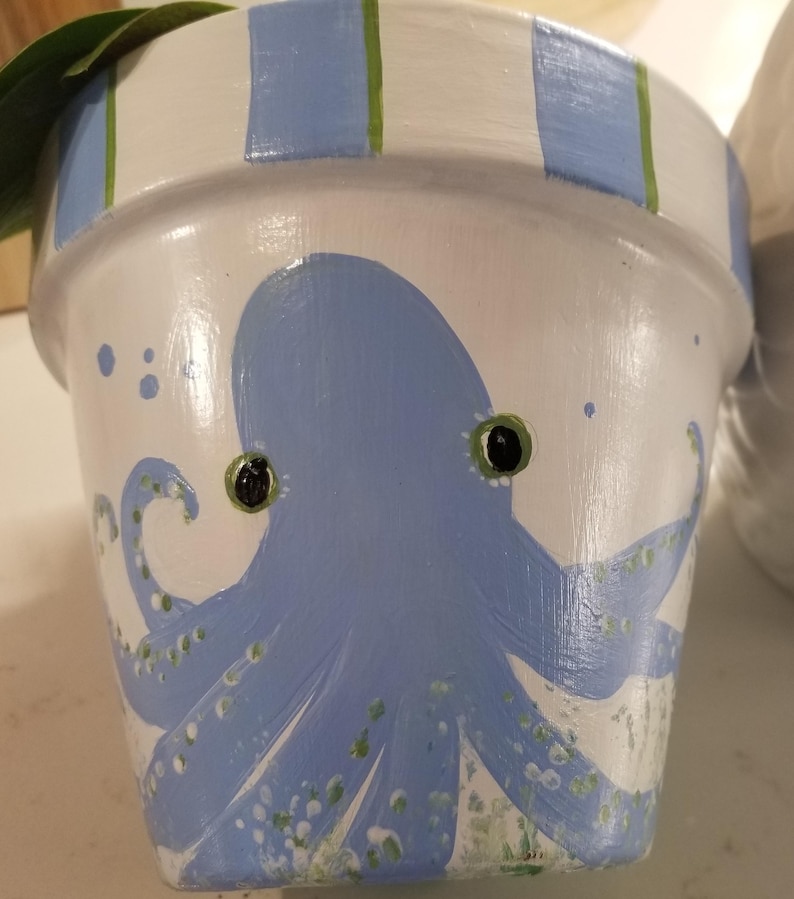 6" Hand Painted Flower Pot With Saucer - Octopus Pattern, Pottery - Etsy