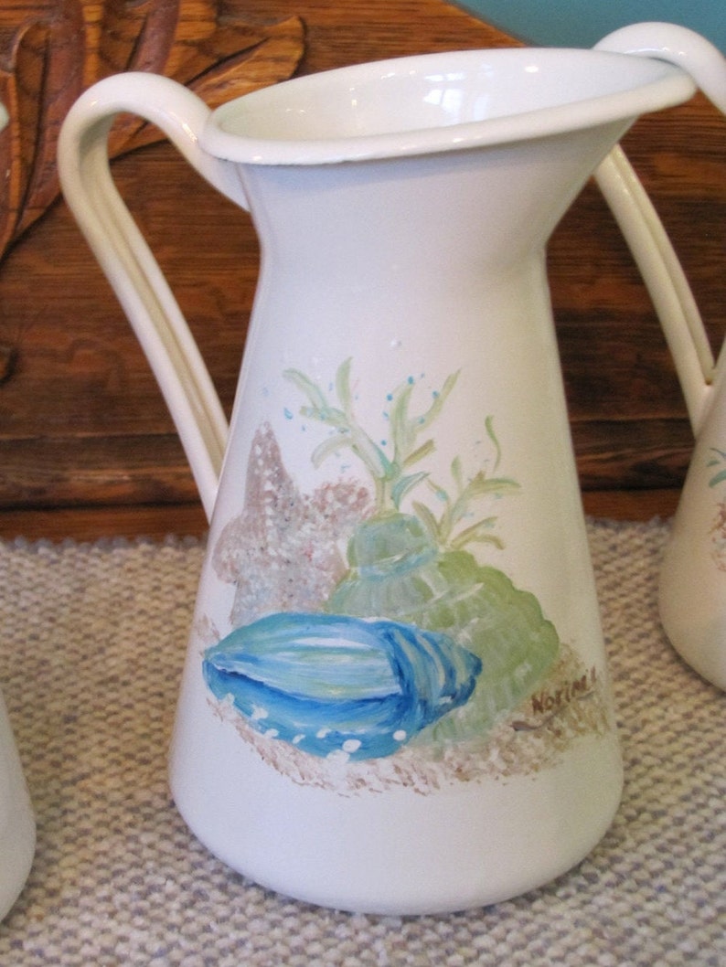 Small Enamel Pitcher W/sea Shell Pattern, Rustic,farmhouse - Etsy