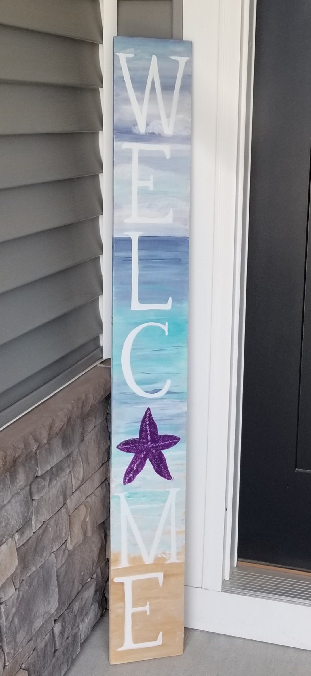 Hand Painted Wooden Coastal Welcome Sign, Starfish, Beach, Nautical - Etsy