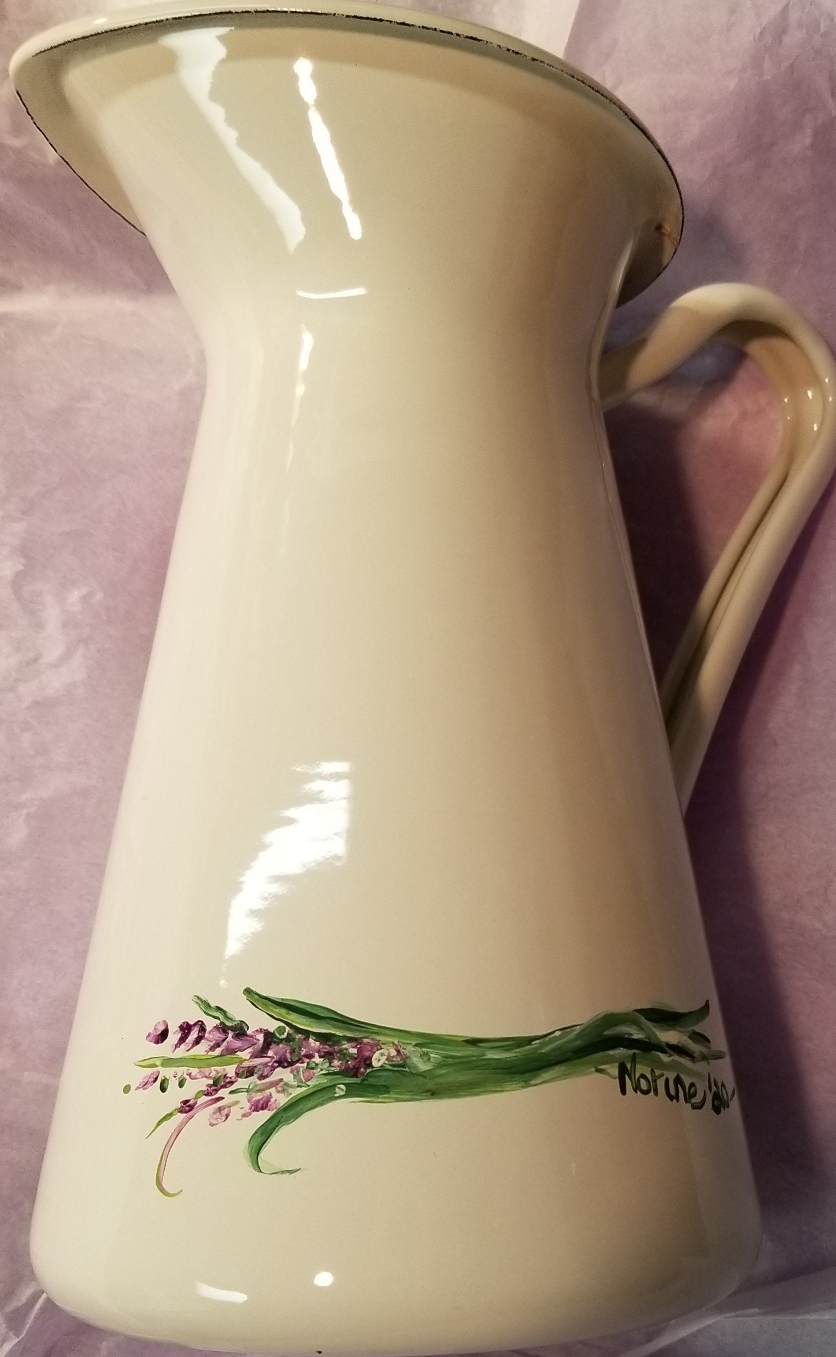 Hand Painted White Enamel Pitcher W/ Lavender Spray Pattern, 2 Sizes ...