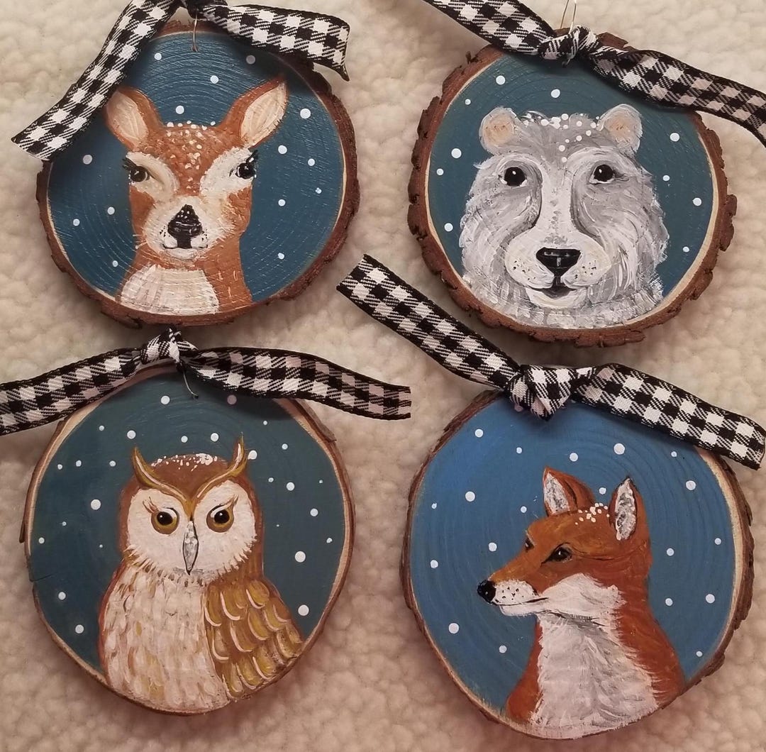 Woodland Animal Christmas Tree Ornaments, Hand Painted 4" Natural ...