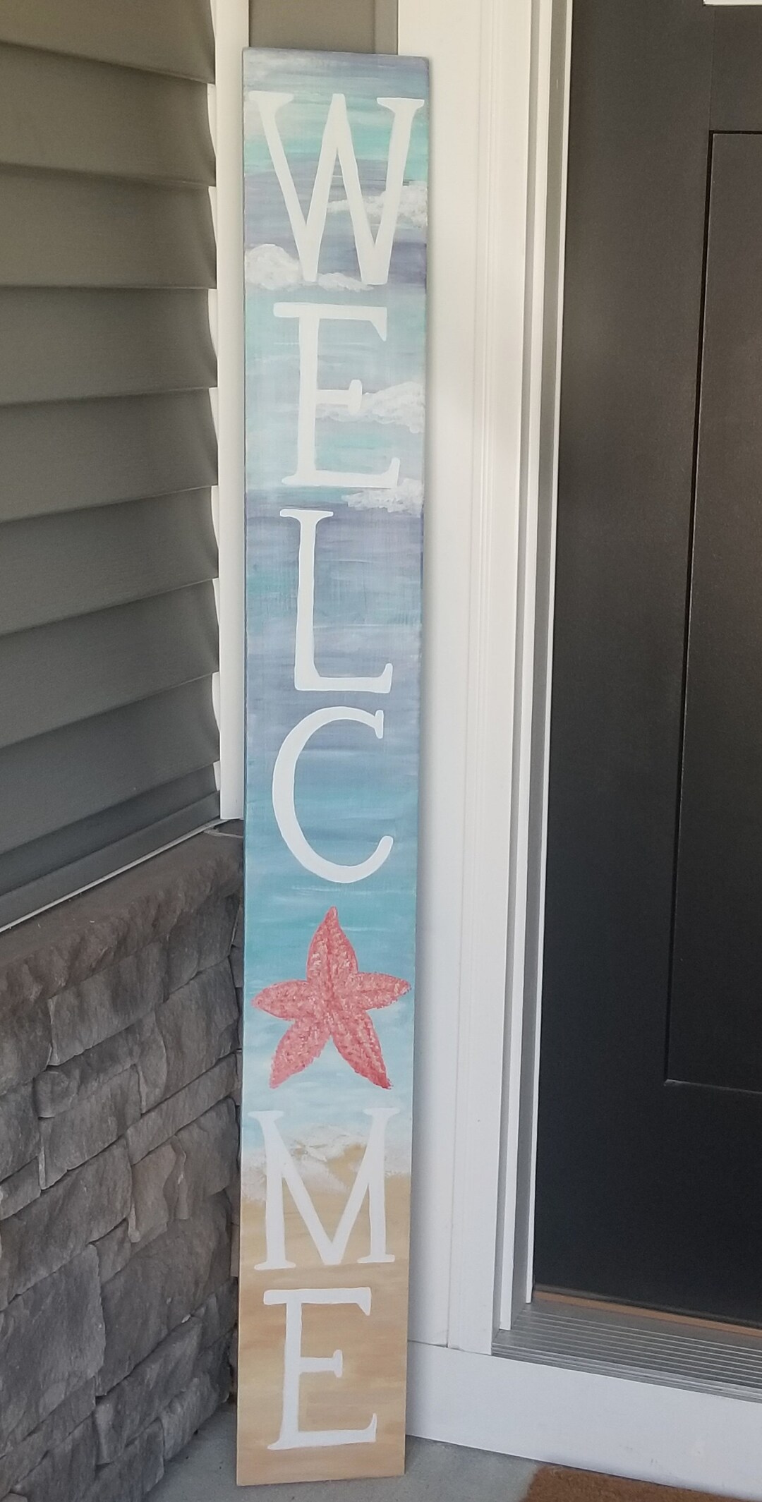 48" Vertical Wooden Coastal Welcome Sign, Starfish, Beach, Nautical ...