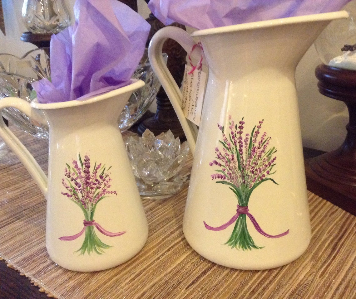 Hand Painted White Enamel Pitcher W/ Lavender Spray Pattern, 2 Sizes ...