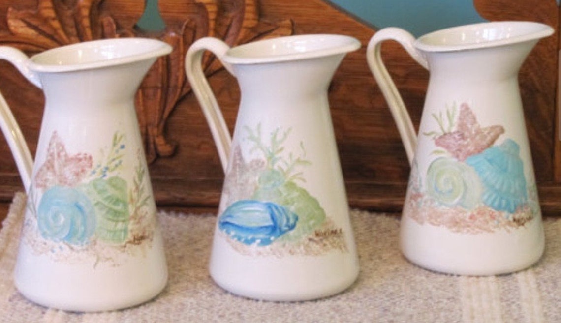 Small Enamel Pitcher W/sea Shell Pattern, Rustic,farmhouse - Etsy