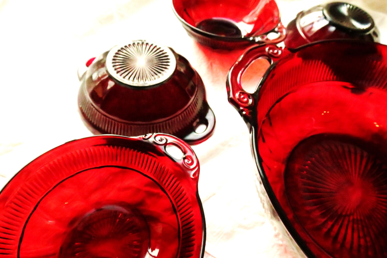 7 Pc SET Ruby Red Glass Bowls 1930's 1 Serving 6 Berry Bowls Anchor ...