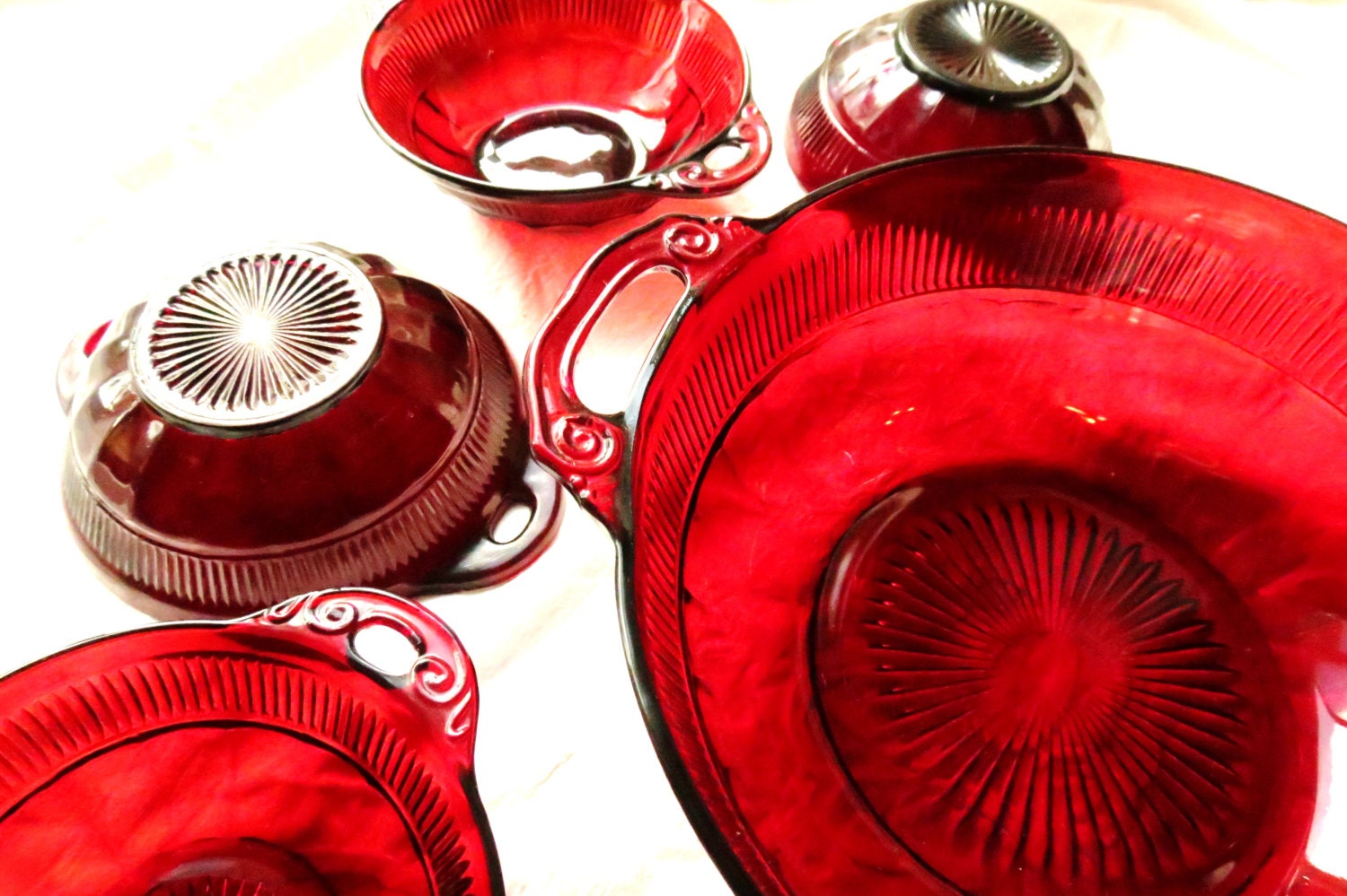 7 Pc SET Ruby Red Glass Bowls 1930's 1 Serving 6 Berry Bowls Anchor ...