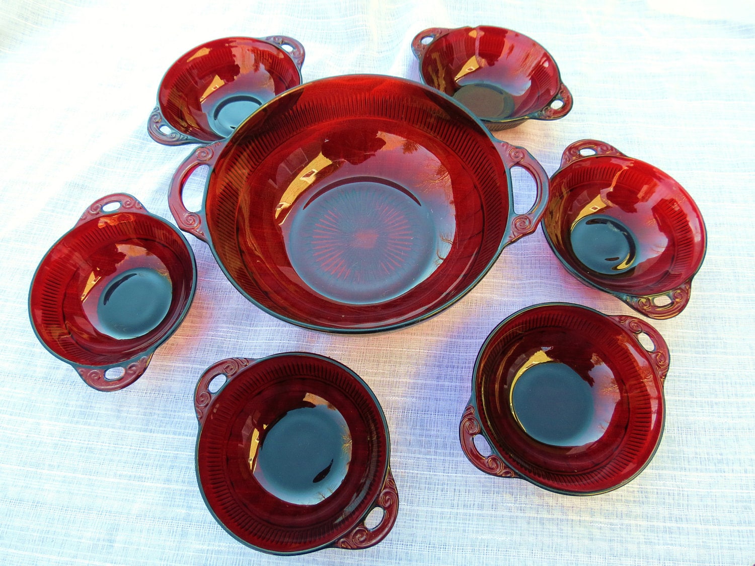 6 Ruby Red Berry Bowls, Anchor Hocking ROYAL RUBY Coronation Pattern ...