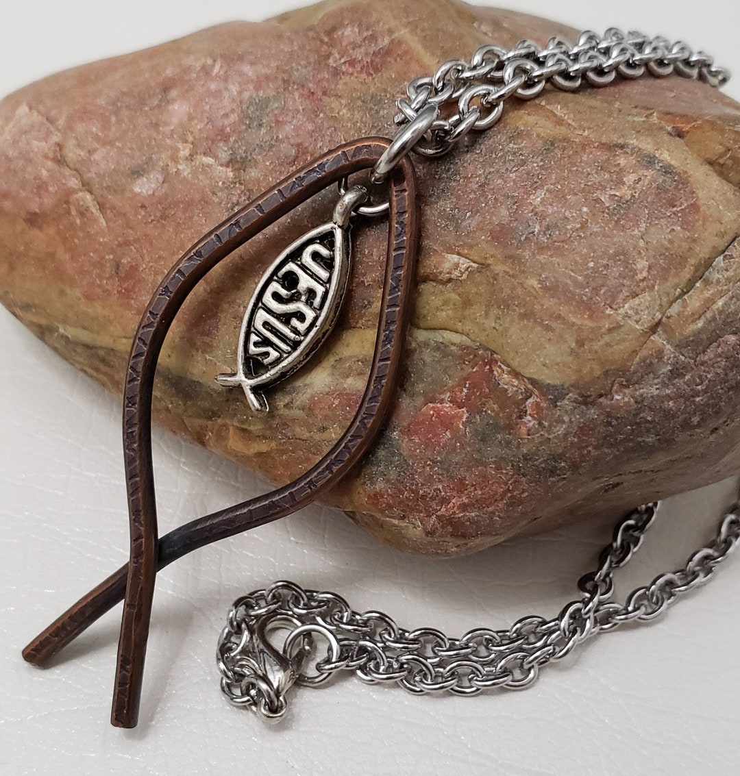 Textured Copper Jesus Fish Necklace Jesus Fish Charm - Etsy
