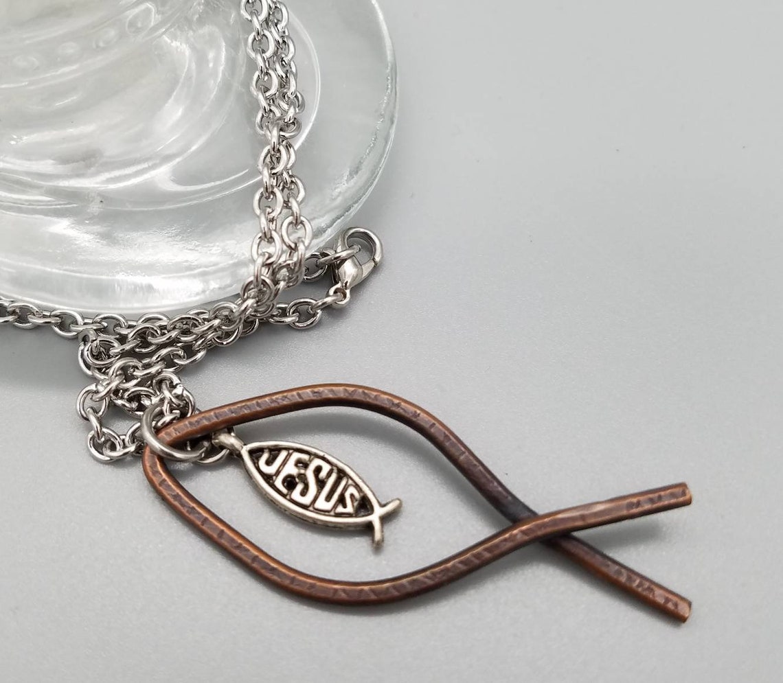 Textured Copper Jesus Fish Necklace Jesus Fish Charm | Etsy