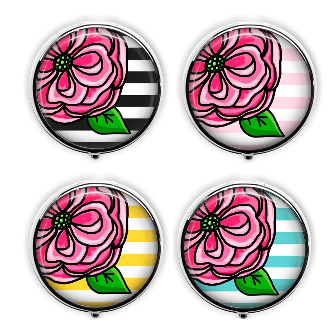 Cute Pill Box, Pink Flower Preppy Pill Case, Stripes, Earring Storage ...