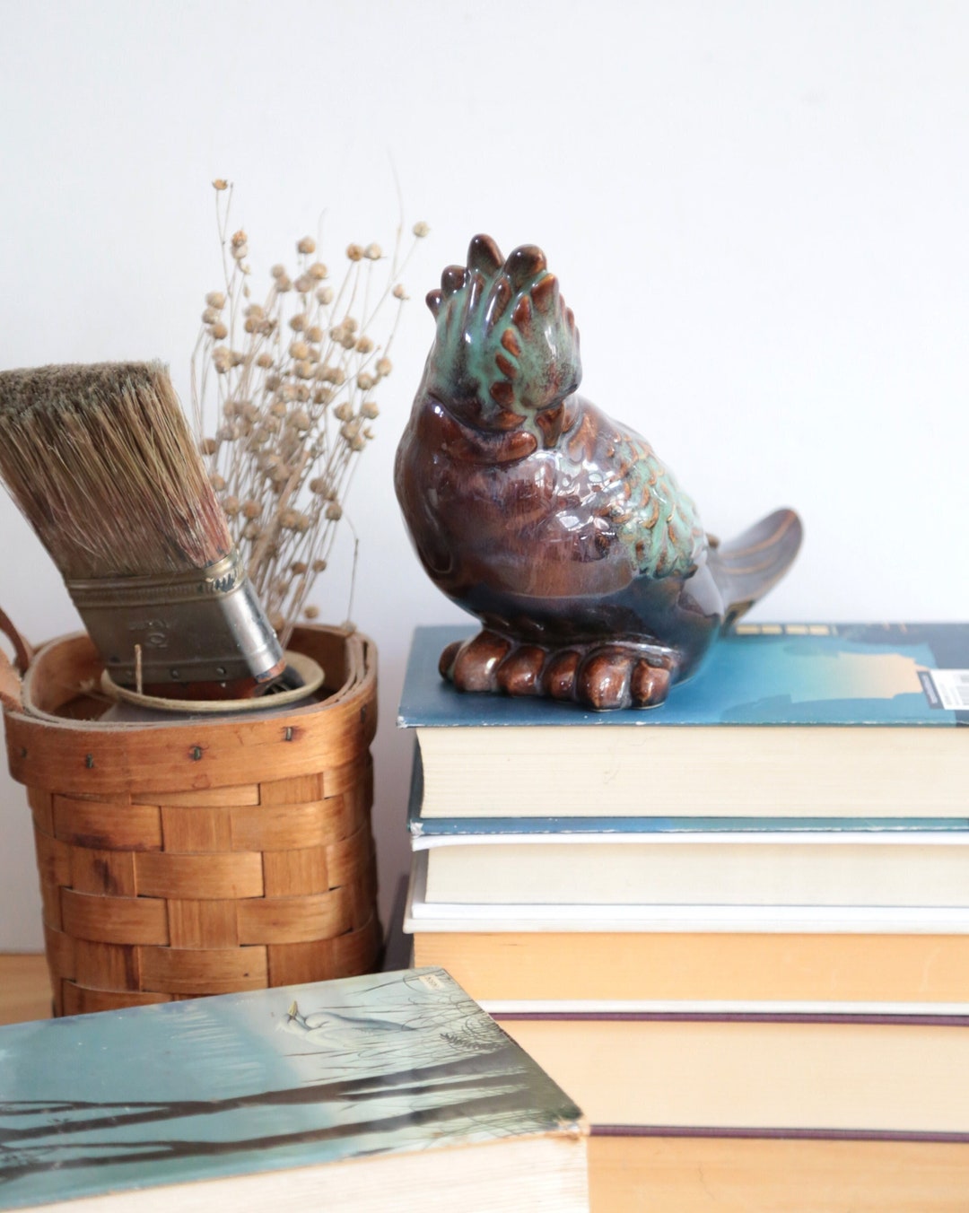 Vintage Ceramic Cockatiel, Purple, Green and Brown Glaze, Bird Figurine ...