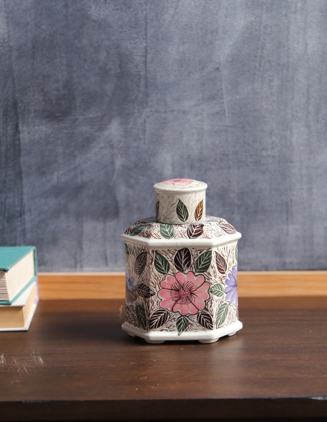 Vintage Lidded Flower Jar, Ceramic Six Sided Jar With Pink and Purple ...