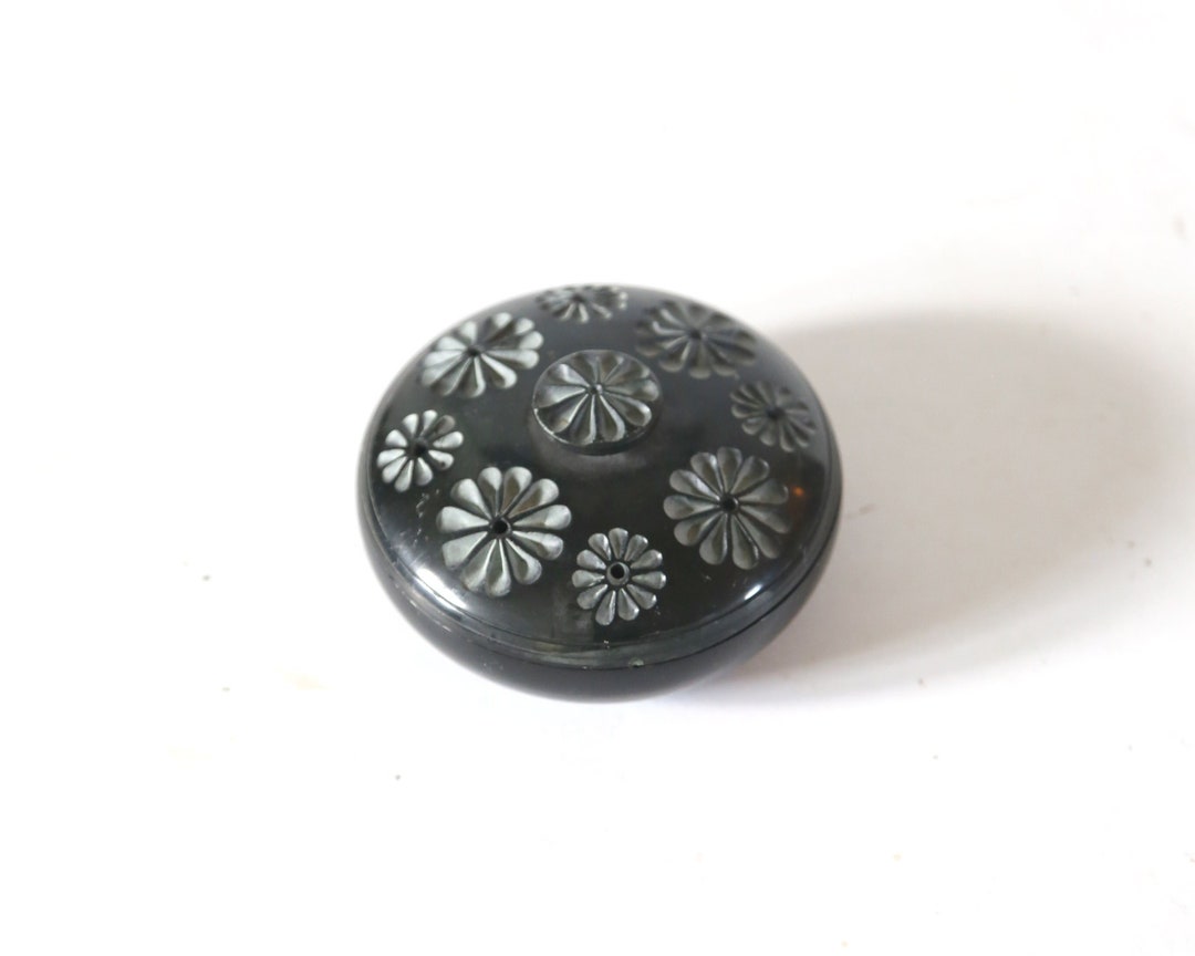 Vintage Soapstone Lidded Box, Round Box, Black Carved Box With Flowers ...