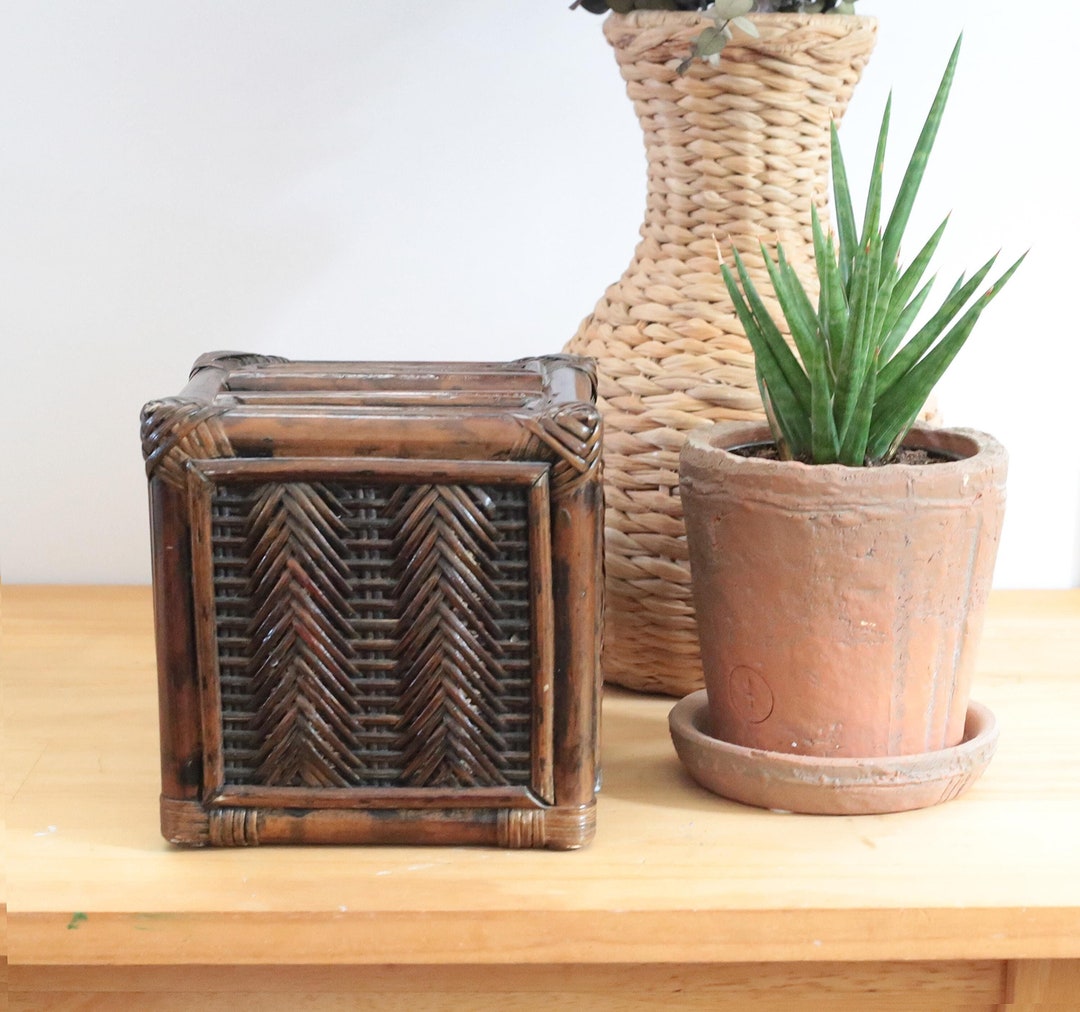 Vintage Tissue Box Cover, Bamboo and Woven Rattan, Dark Brown ...
