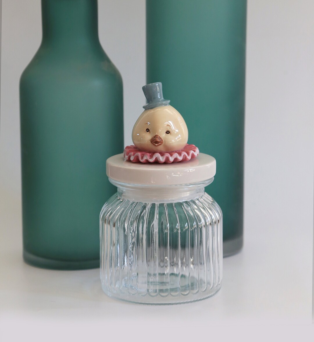 Vintage Folk Art Glass Jar With Ceramic Lid, Circus Themed Baby Chicken ...