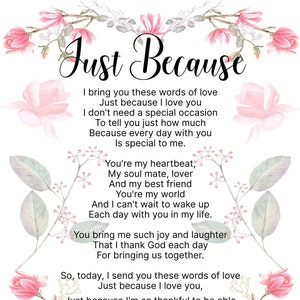 Just Because Love Poem Anniversary Gift for Her, Romantic Love Poem ...