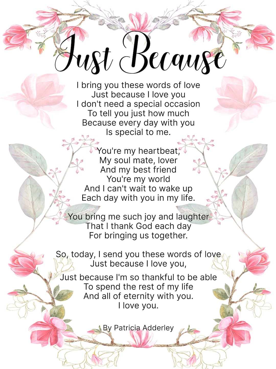 Just Because Love Poem Anniversary Gift for Her, Romantic Love Poem Print for Husband, Sweet ...