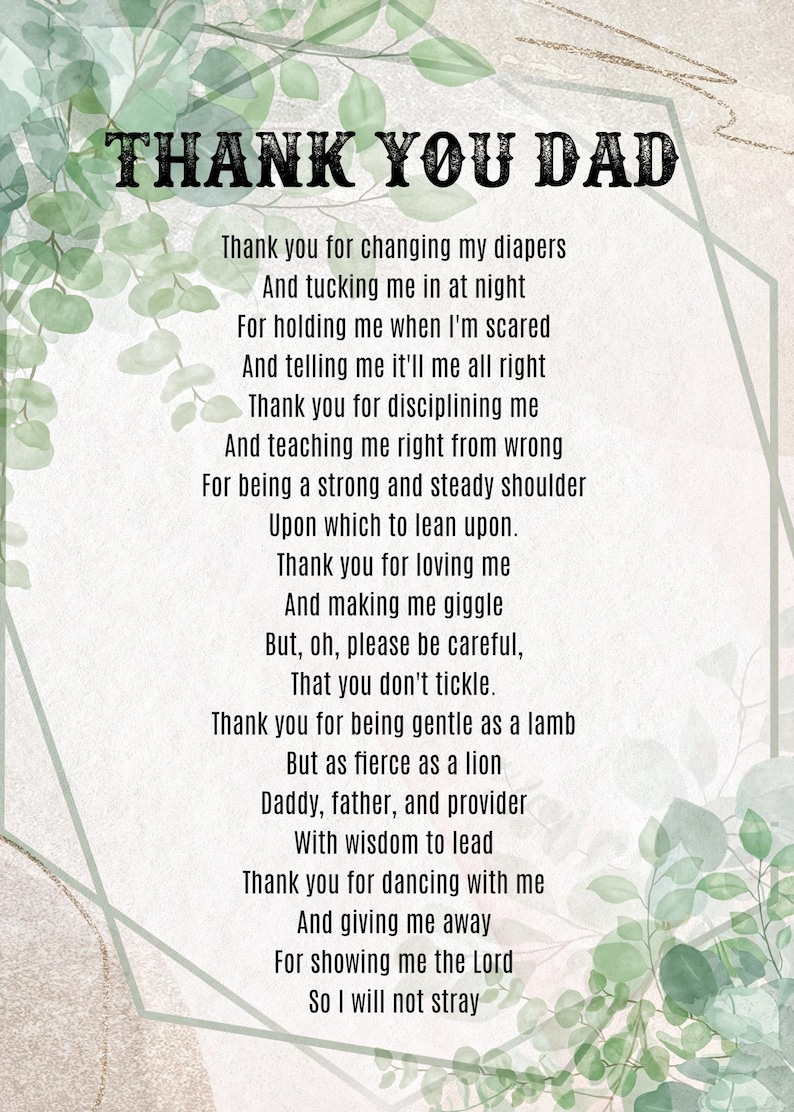 Thank You Dad Father's Day Poem Fathers Day Presents Unique Personal ...
