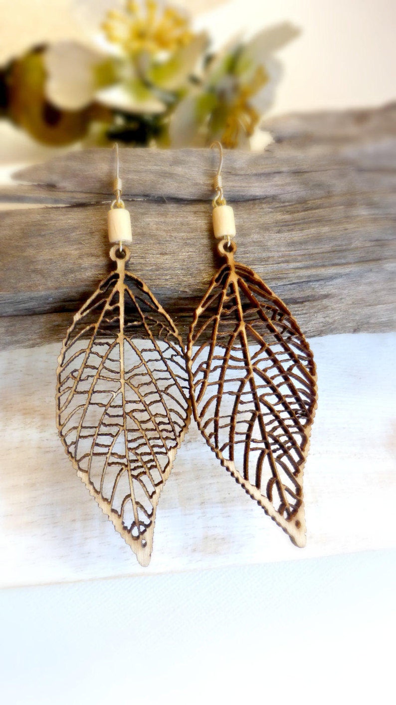 Rustic Leaf Nature Wood Earrings Natural Eco Laser Cut Jewellery Long ...