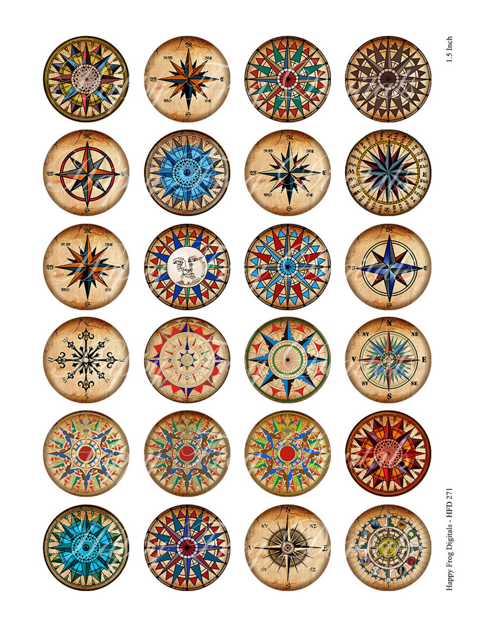 Compass Rose - 1.5", 1", 30 Mm, 25 Mm Circles - Digital Collage Sheet ...