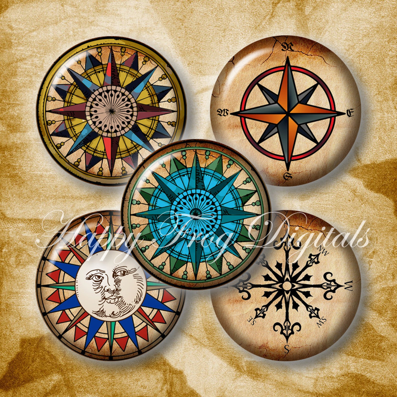 Compass Rose - 1.5", 1", 30 Mm, 25 Mm Circles - Digital Collage Sheet ...